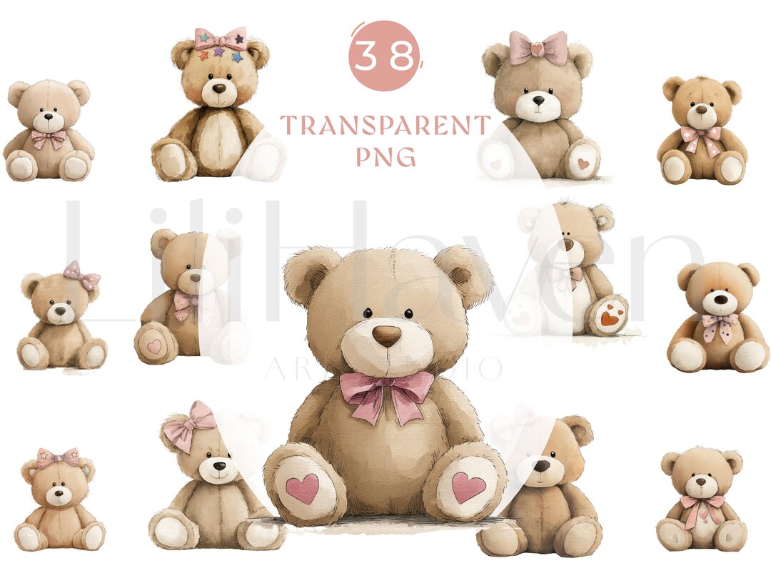 Cute Watercolor Teddy Bear Clipart Bundle | 38 PNG Banner | Baby Shower ...