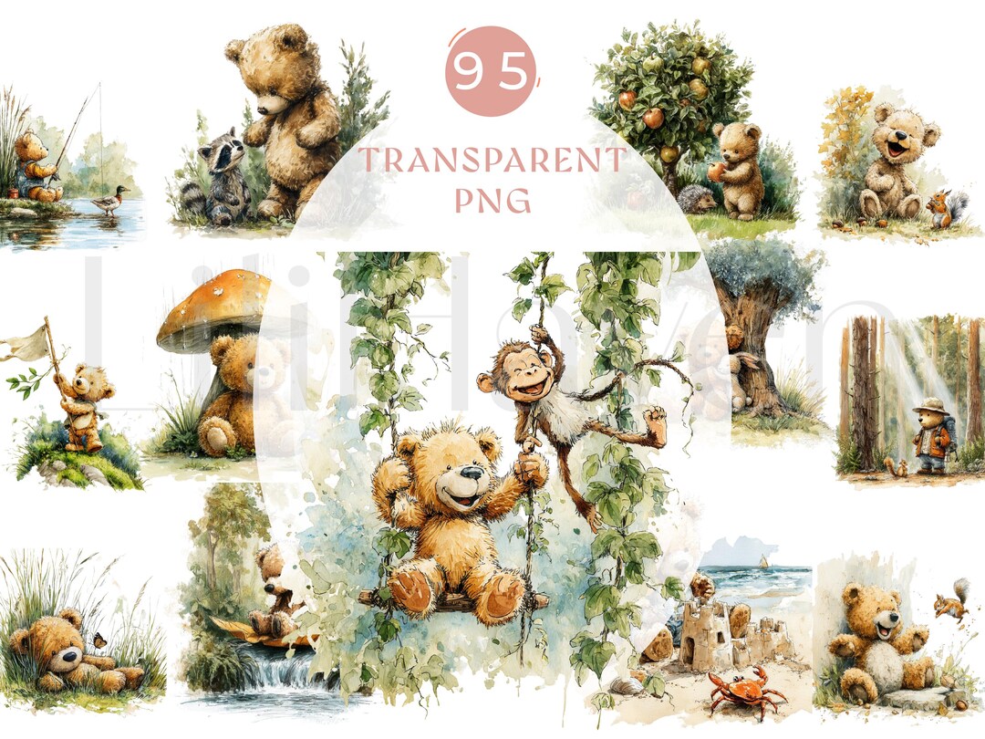 Watercolor Teddy Bear in Nature Clipart Set – 95 PNG Forest Animals ...