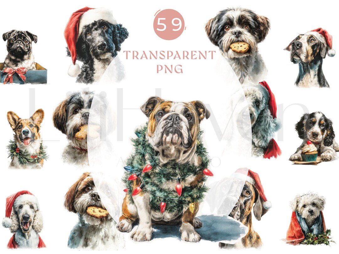 Christmas Dogs Clipart Bundle | 59 PNG Watercolor Dog Illustrations ...