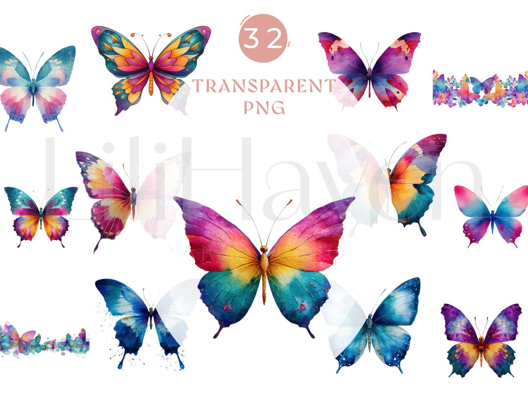 Watercolor Butterfly Clipart Set | 32 PNG Bundle | Monarch, Fairy Wings ...