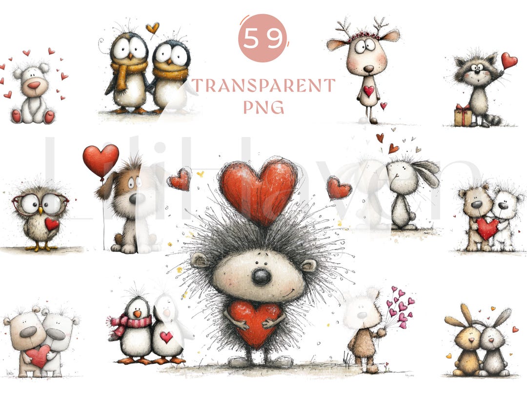 Cute Valentine Animals Clipart Set, Watercolor Love Animals PNG ...