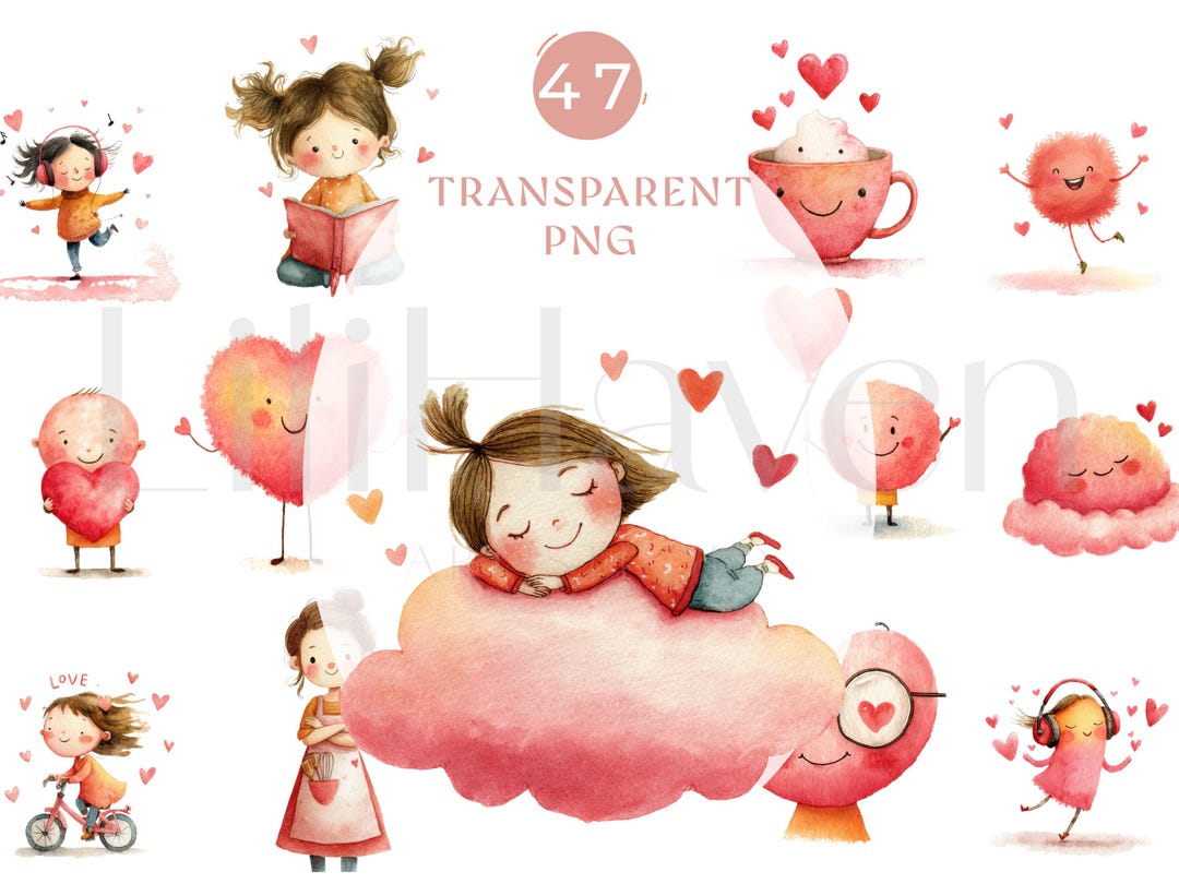 Cute Valentine Watercolor Clipart | Hearts, Kids, Love PNG | Romantic ...