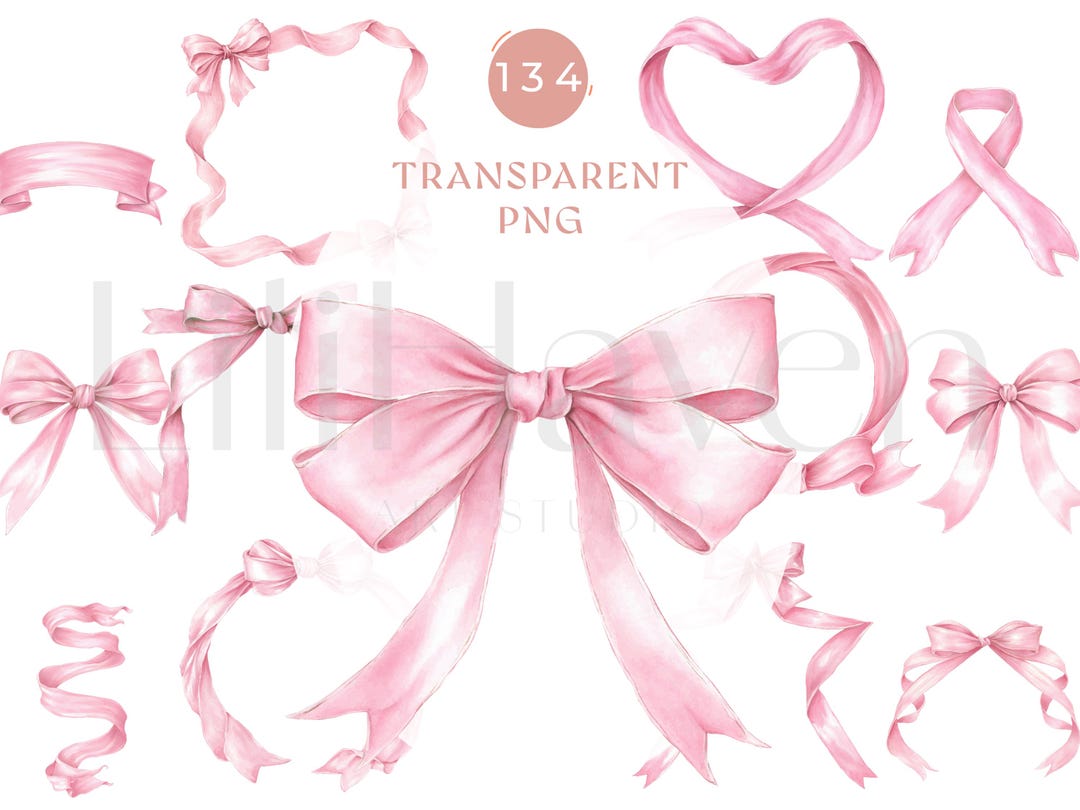 Pink Ribbon Clipart Bundle | Watercolor Bow PNG, Satin Ribbon Clip Art ...