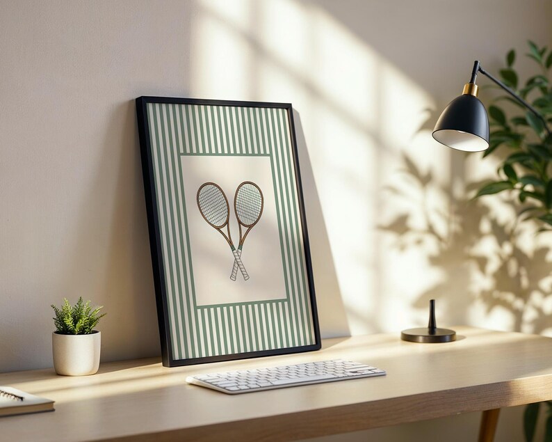 Vintage Tennis Racket Wall Art Print, Green Striped Sports Decor ...