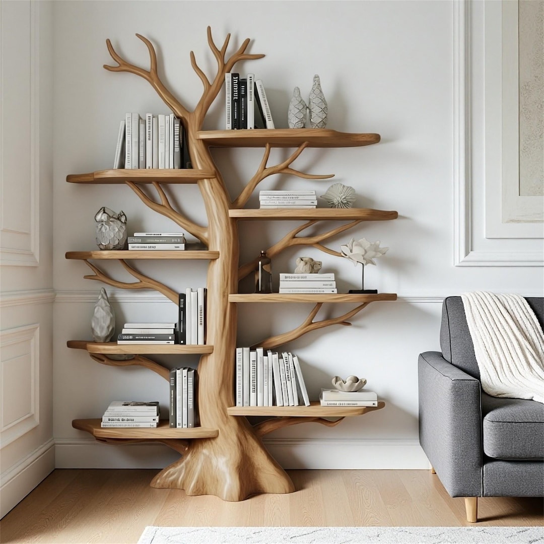 Solid Pine Wood Tree Bookshelf – Rustic Tree-shaped Bookcase, Handmade ...