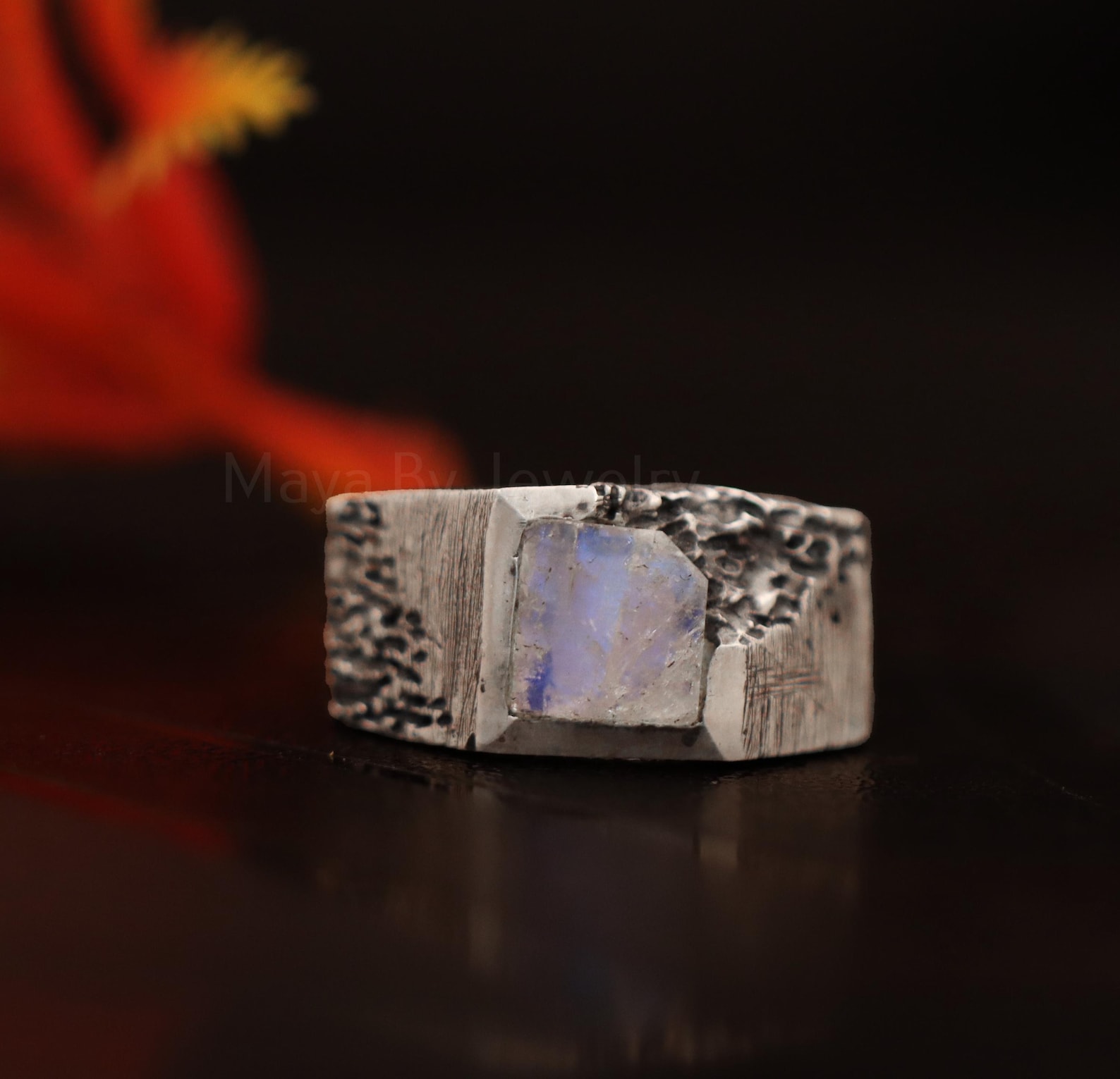 Raw Moonstone Sterling Silver Ring: Handmade Rustic Signet - Etsy