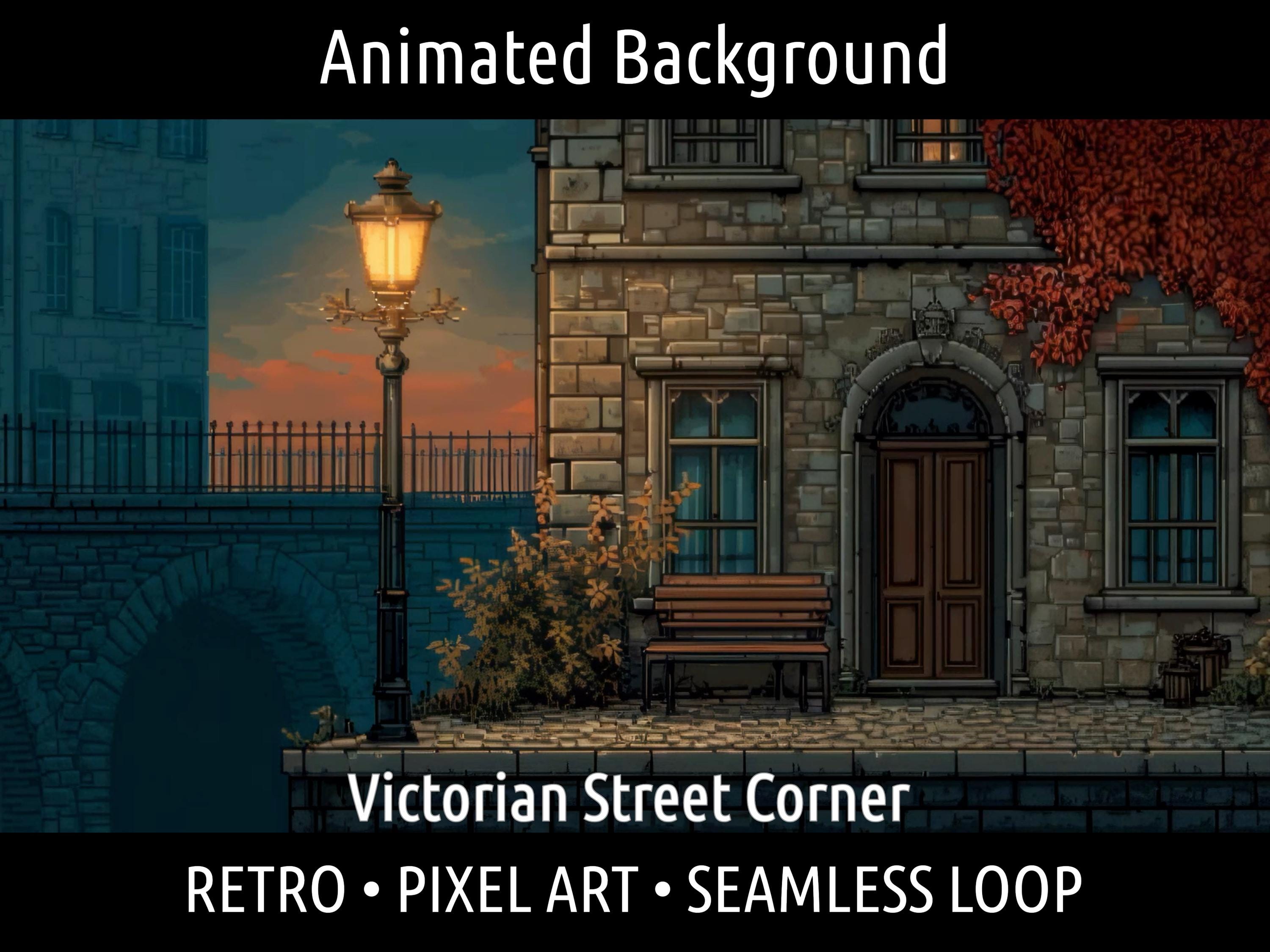 ANIMATED BACKGROUND | Retro Pixel Art Cozy Victorian Street Corner ...