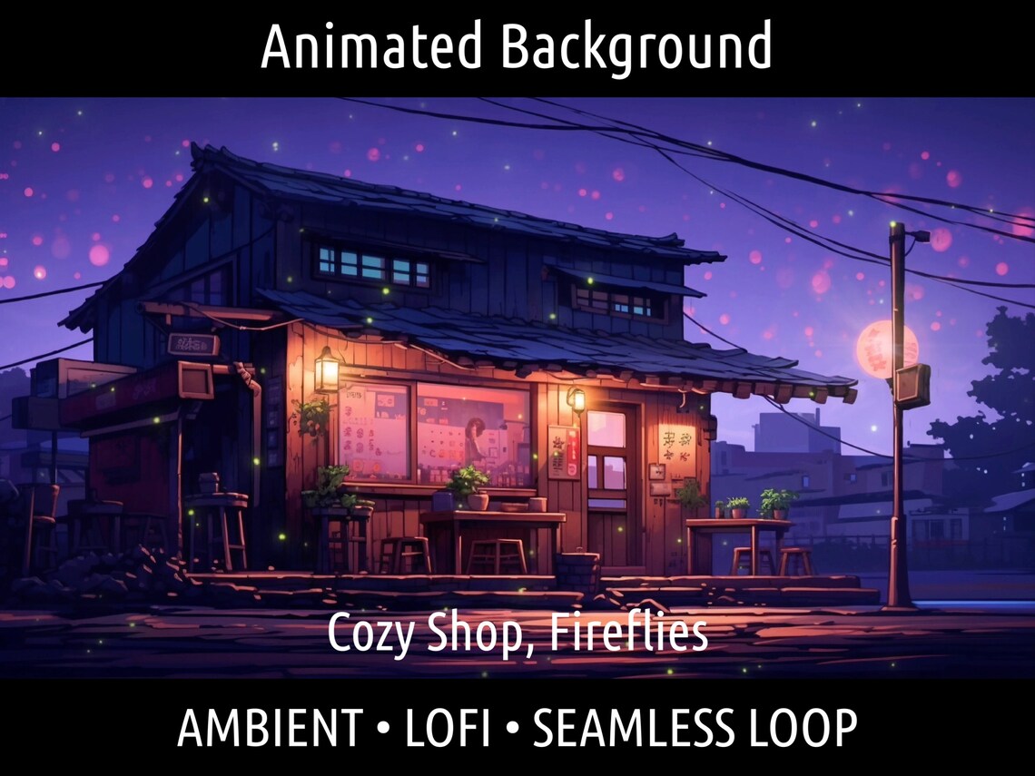 ANIMATED BACKGROUND | Retro Cozy Lofi Anime Shop With Fireflies | for ...