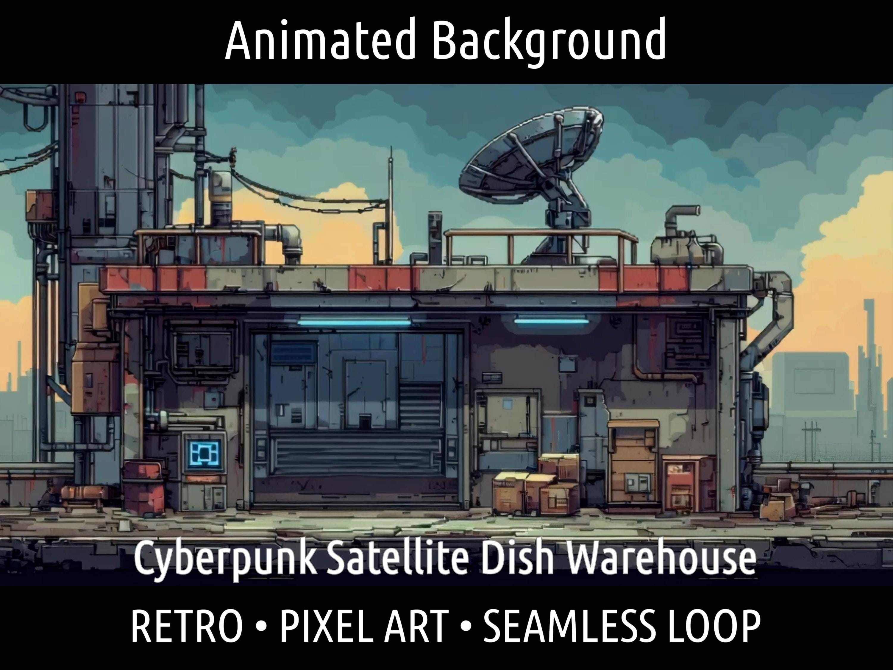 ANIMATED BACKGROUND | Retro Pixel Art Satellite Dish Warehouse | for ...