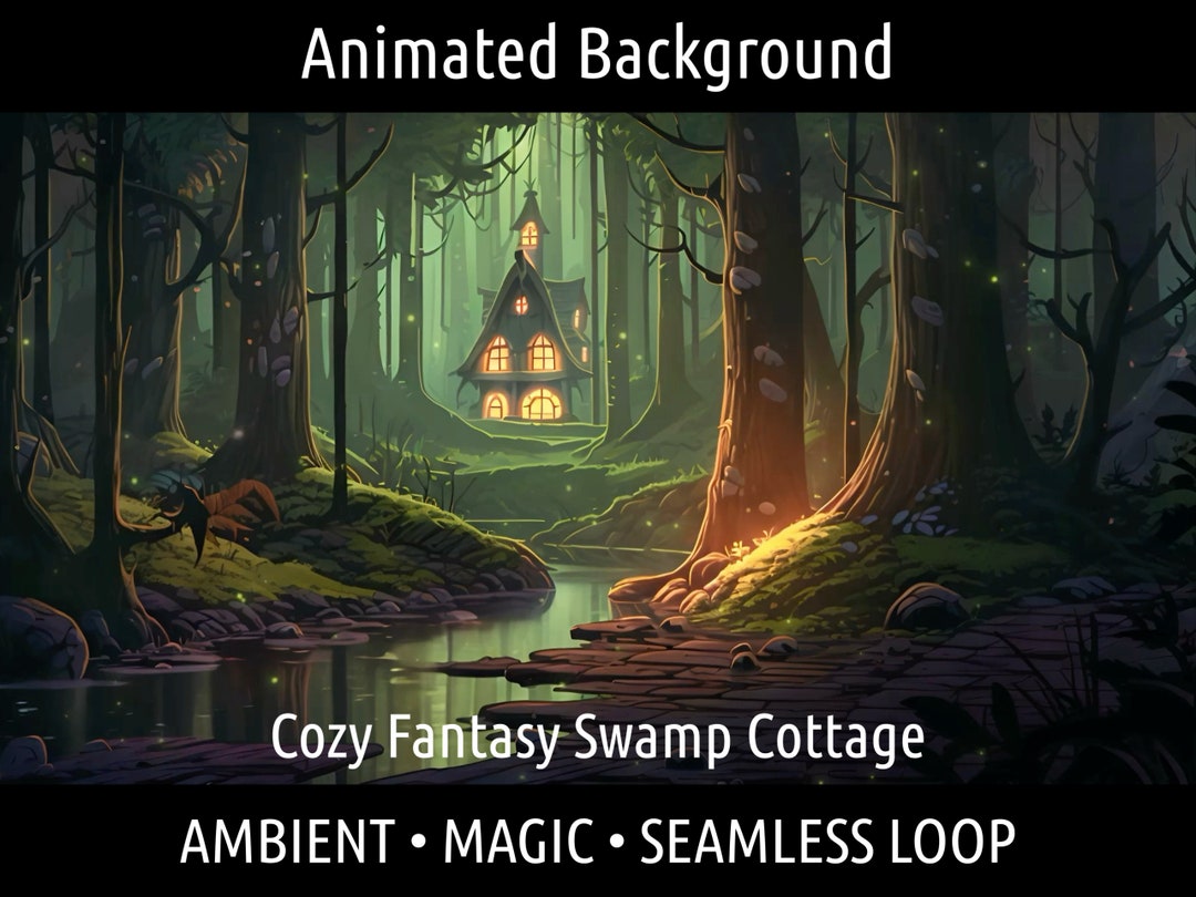 Anime Style Swamp Witch Cottage and Fireflies. Looping. Animated ...