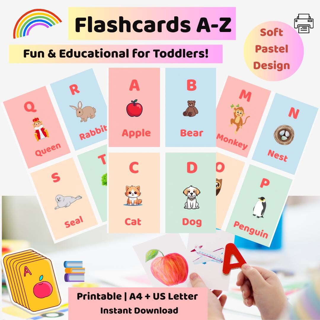 Printable Alphabet Flashcards A–Z for Toddlers Pastel Educational Cards ...