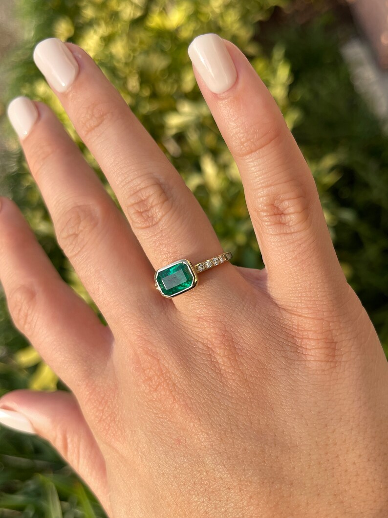 2.62tcw 14K Natural Emerald Cut Emerald Bezel Set & Diamond Shank Ring ...