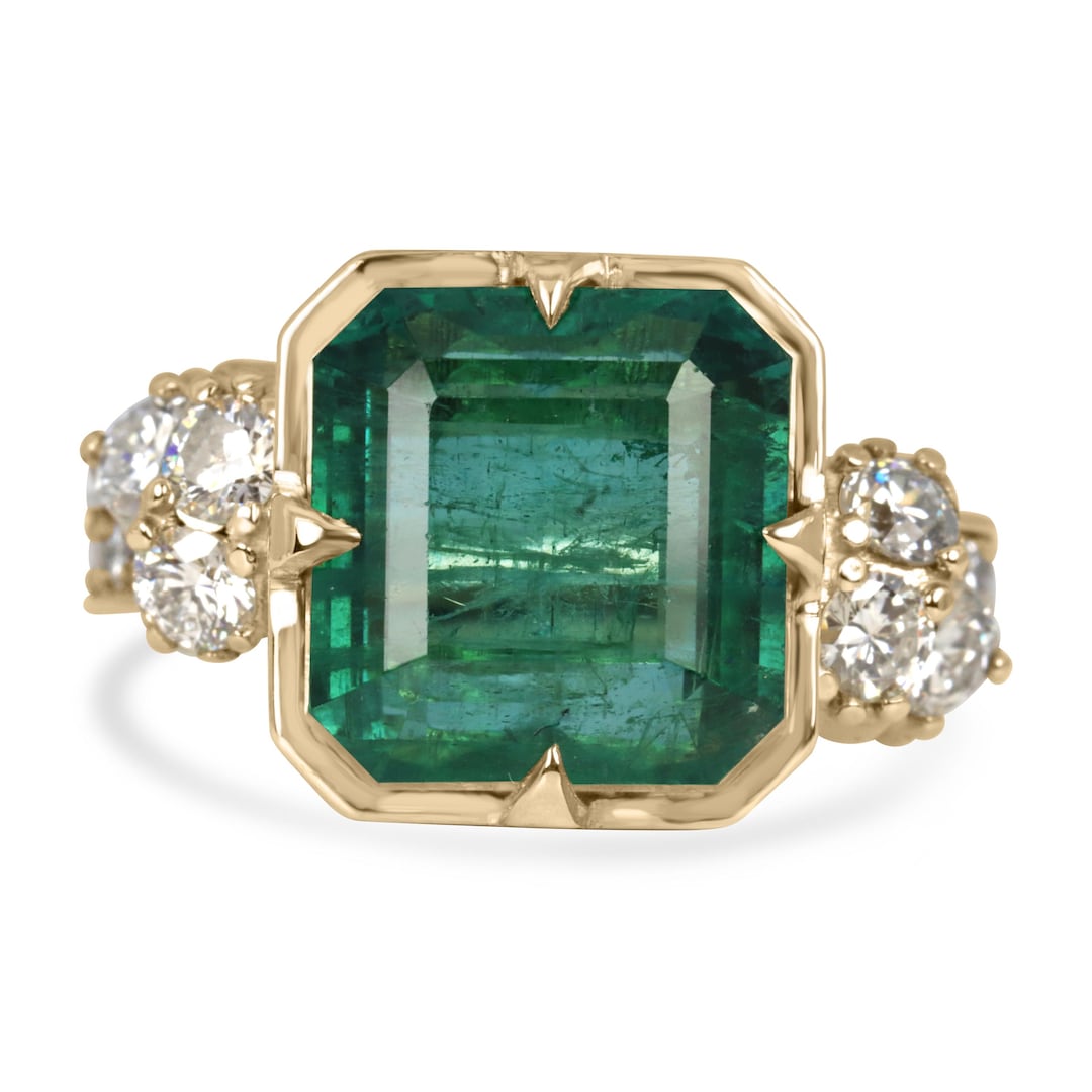 8.68tcw 18K Deep Green Asscher Cut Emerald & Diamond Cluster Accent ...