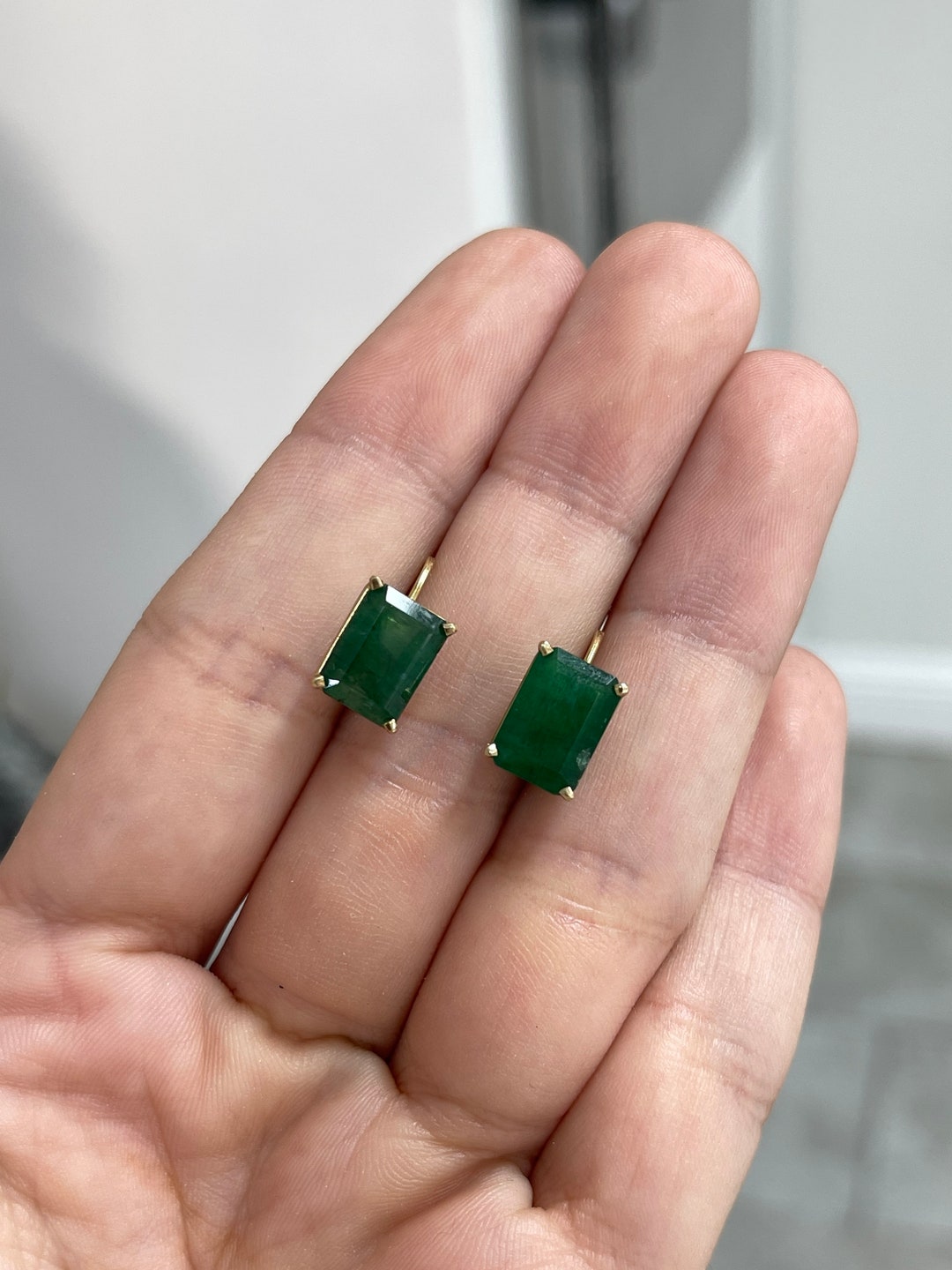 3.43tcw Dark Rare Green Emerald Cut Natural Emerald Statement Lever Back Earrings 14k,emerald ...
