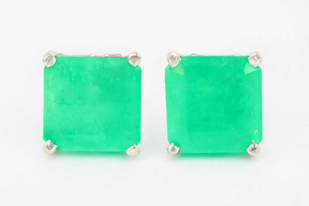 4.10tcw Big Green Emerald Earrings, 14K White Gold Emerald Stud ...