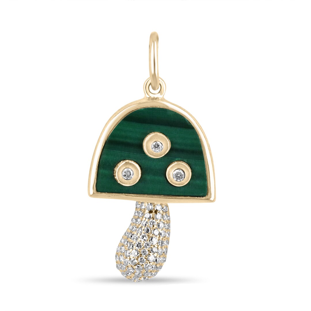 3.13tcw 14K Natural Malachite & Diamond Mini Mushroom Pendant Charm ...