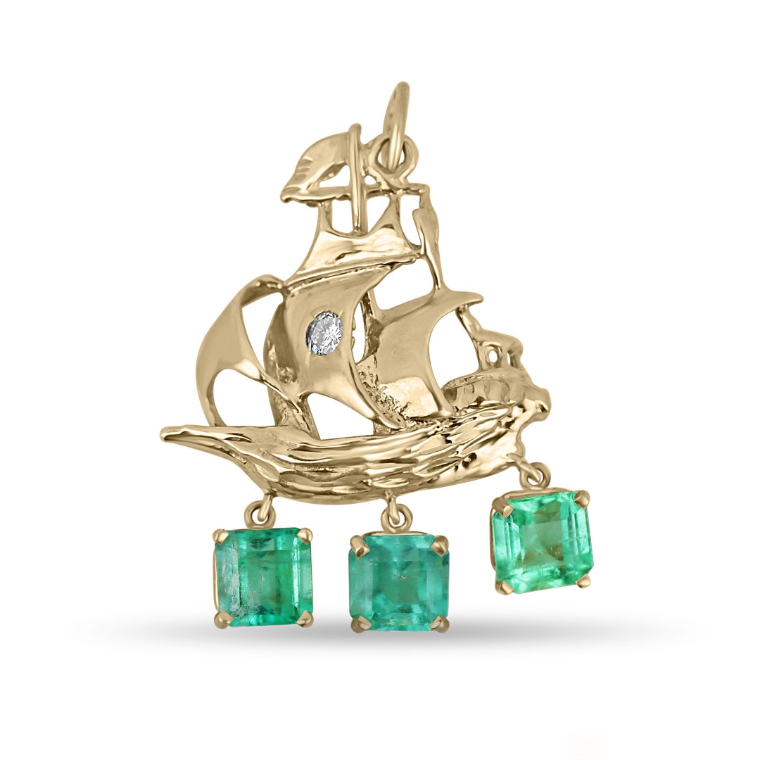 2.95tcw 14K Colombian Emerald & Diamond Pirate Sailor Gold Pendant ...