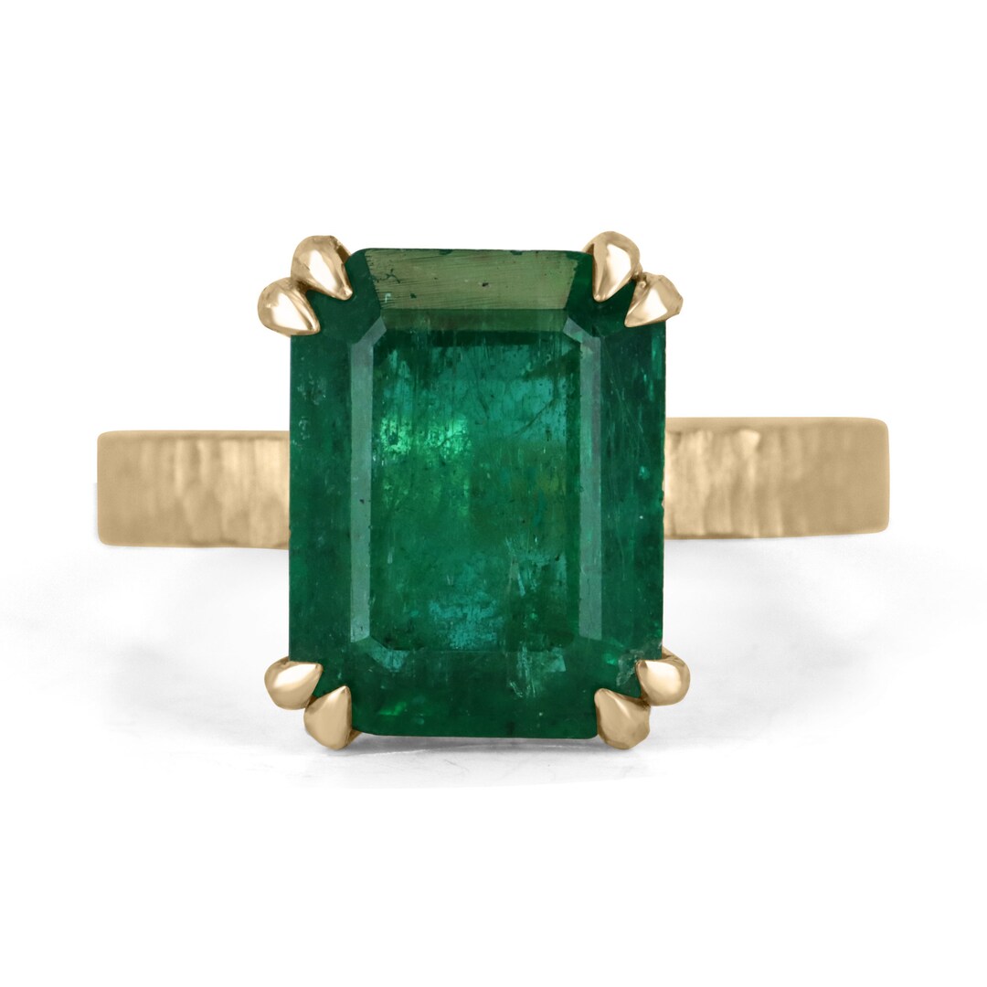 4.45ct 18K Rustic Emerald Cut Emerald Solitaire Ring, Rich Dark Green ...