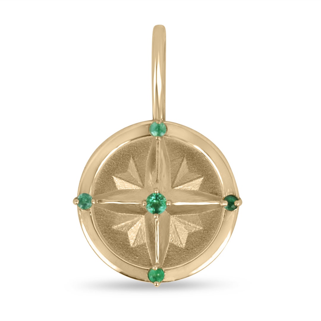 14K Gold Petite Natural Emerald Compass Pendant Necklace, Vivid Medium ...