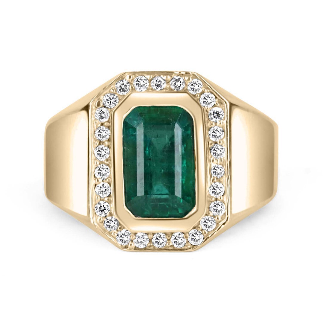 2.80tcw Men's 14K Gold Natural Emerald-emerald Cut & Diamond Halo, 14K ...