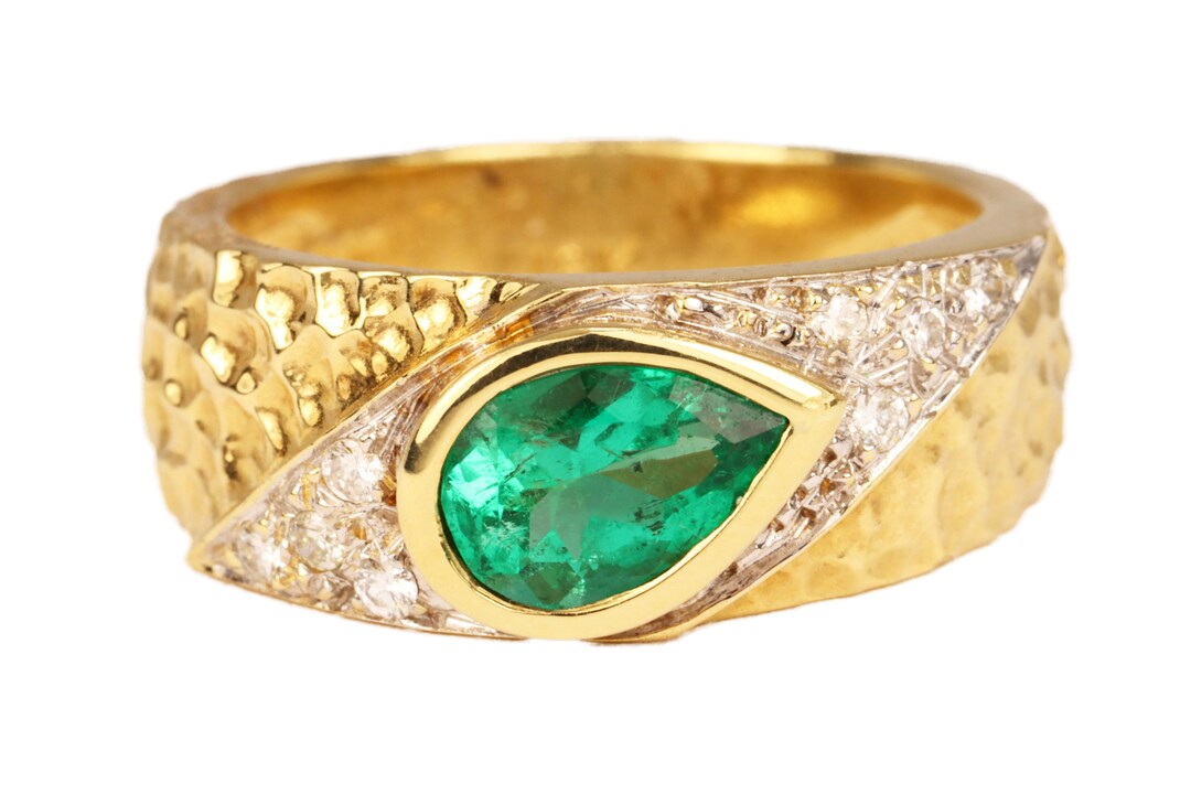 1.10tcw Rich Green Tear Drop Earth Mined Emerald and Diamond Ring, Pear ...