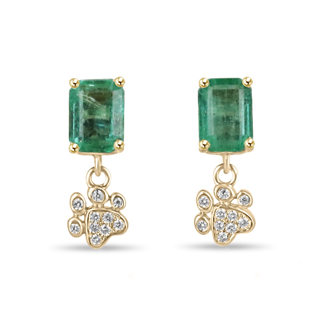 2.36tcw 14K Emerald & Diamond Paw Print Stud Earrings, Natural Emerald ...