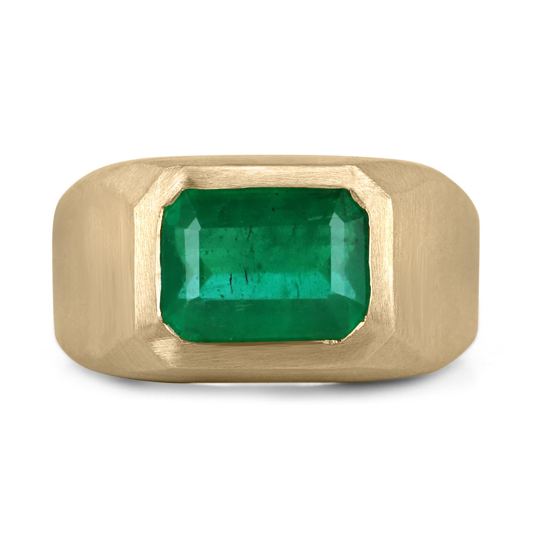 3.54ct 18K Emerald Solitaire Men's Gypsy Ring, Large Dark Vivid Green ...