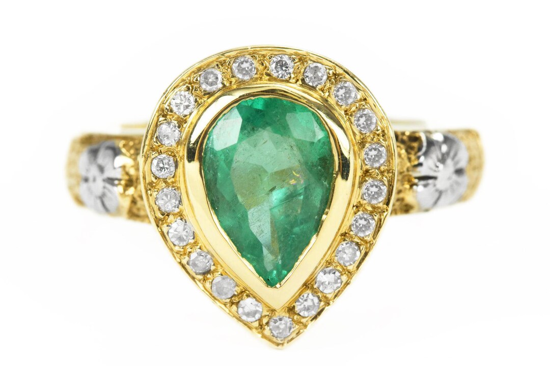 1.95tcw Hand Carved Tear Drop Green Real Emerald & Round Diamond Bezel ...