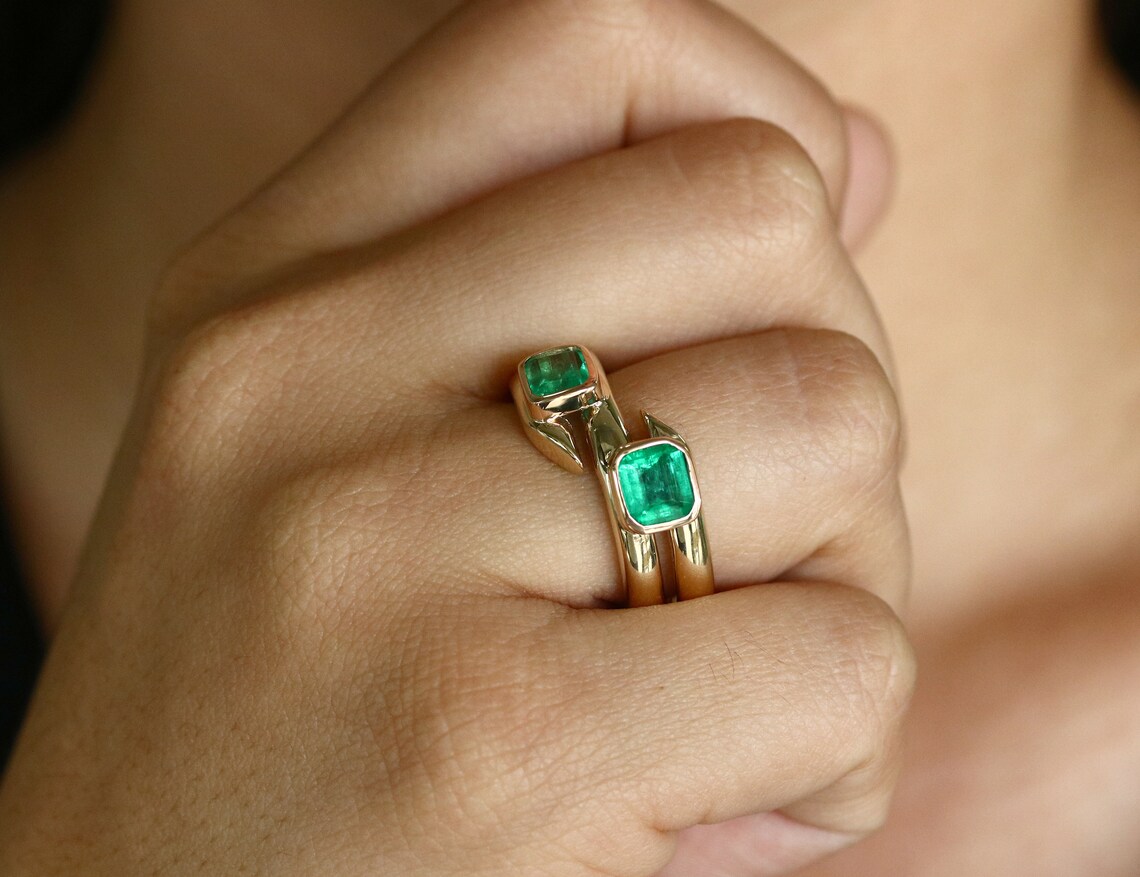 2.50tcw Double Bezel Set Natural Green Emerald 2 Stone Square | Etsy