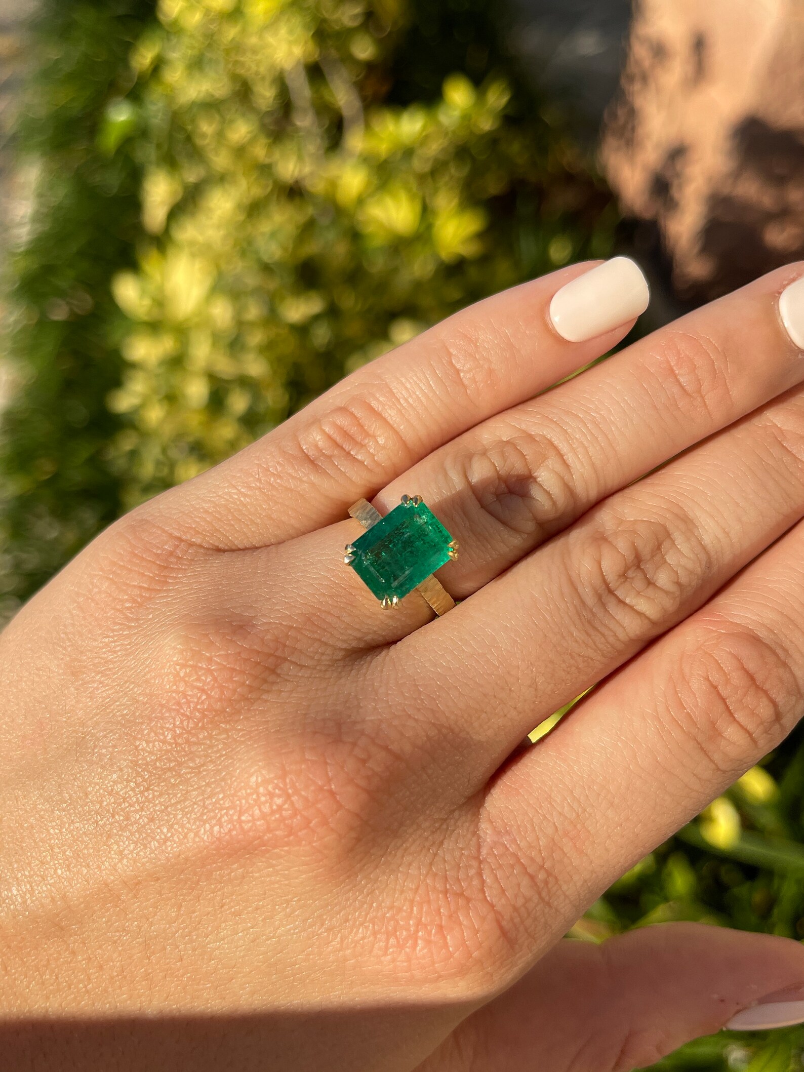 4.45ct 18K Rustic Emerald Cut Emerald Solitaire Ring, Rich Dark Green ...