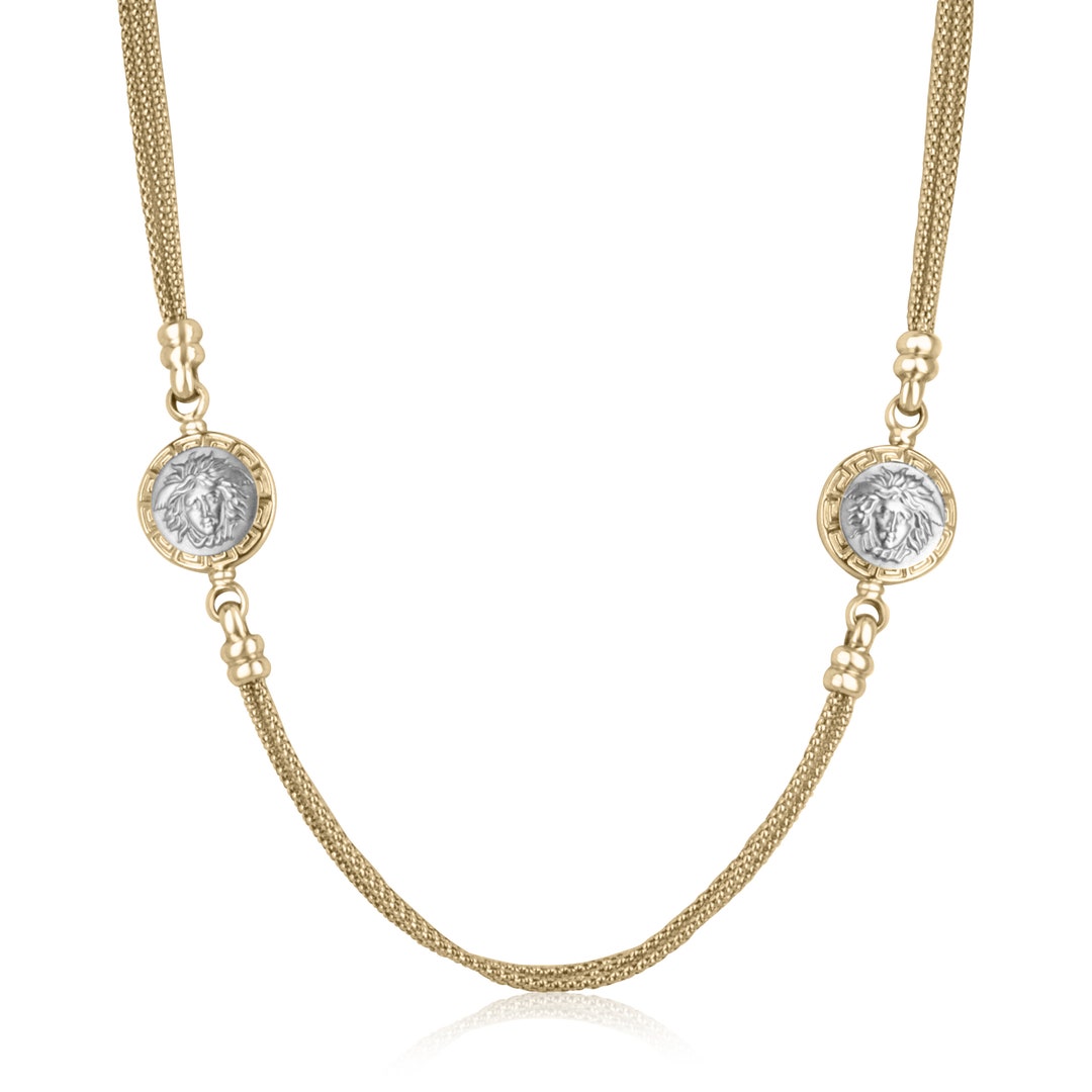 14K Solid Yellow Gold Medusa Necklace, Triple Box Chain Strand Necklace ...