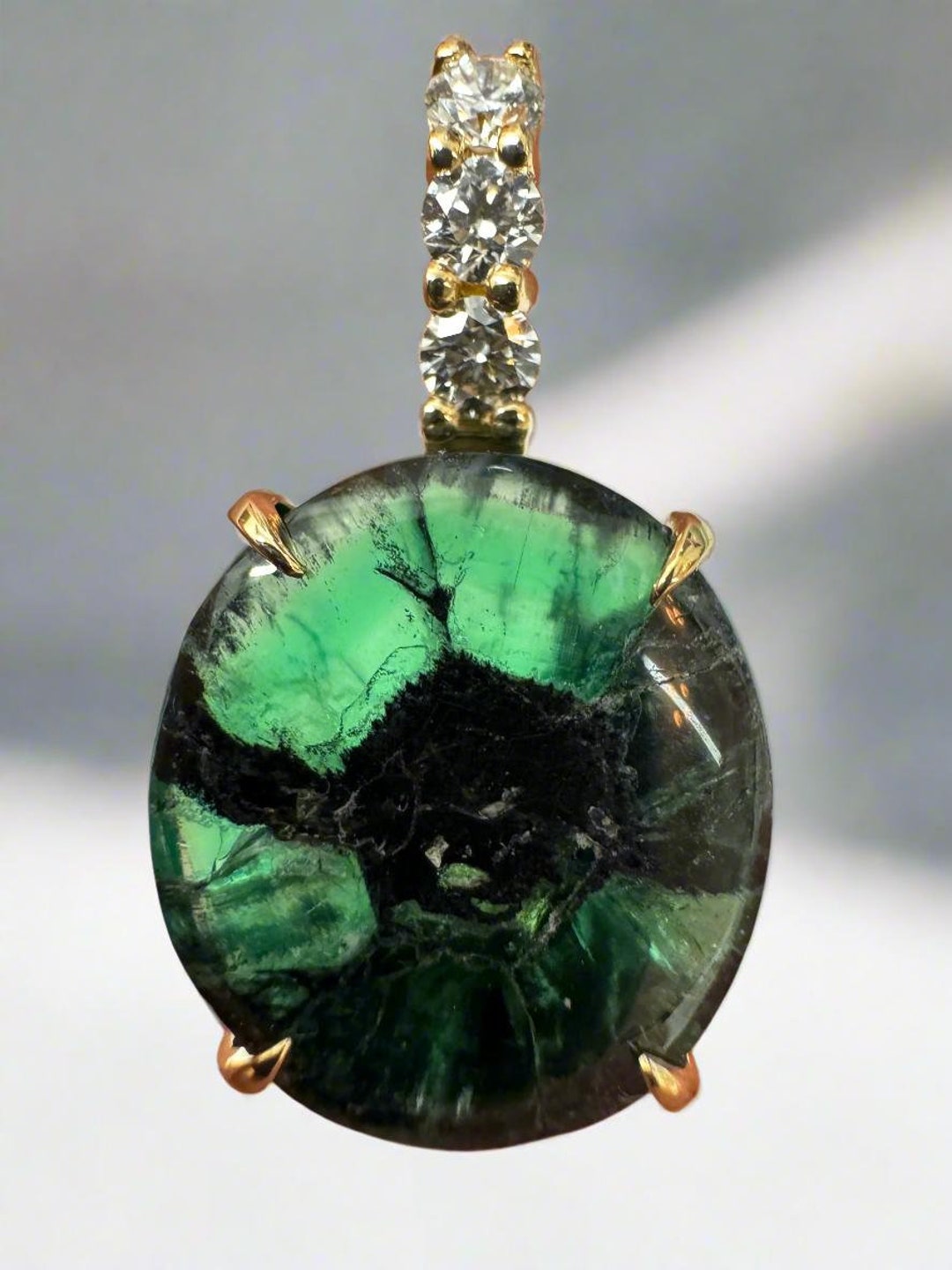12.32tcw Oval Trapiche Colombian Emerald & Diamond Accented Pendant 18K ...