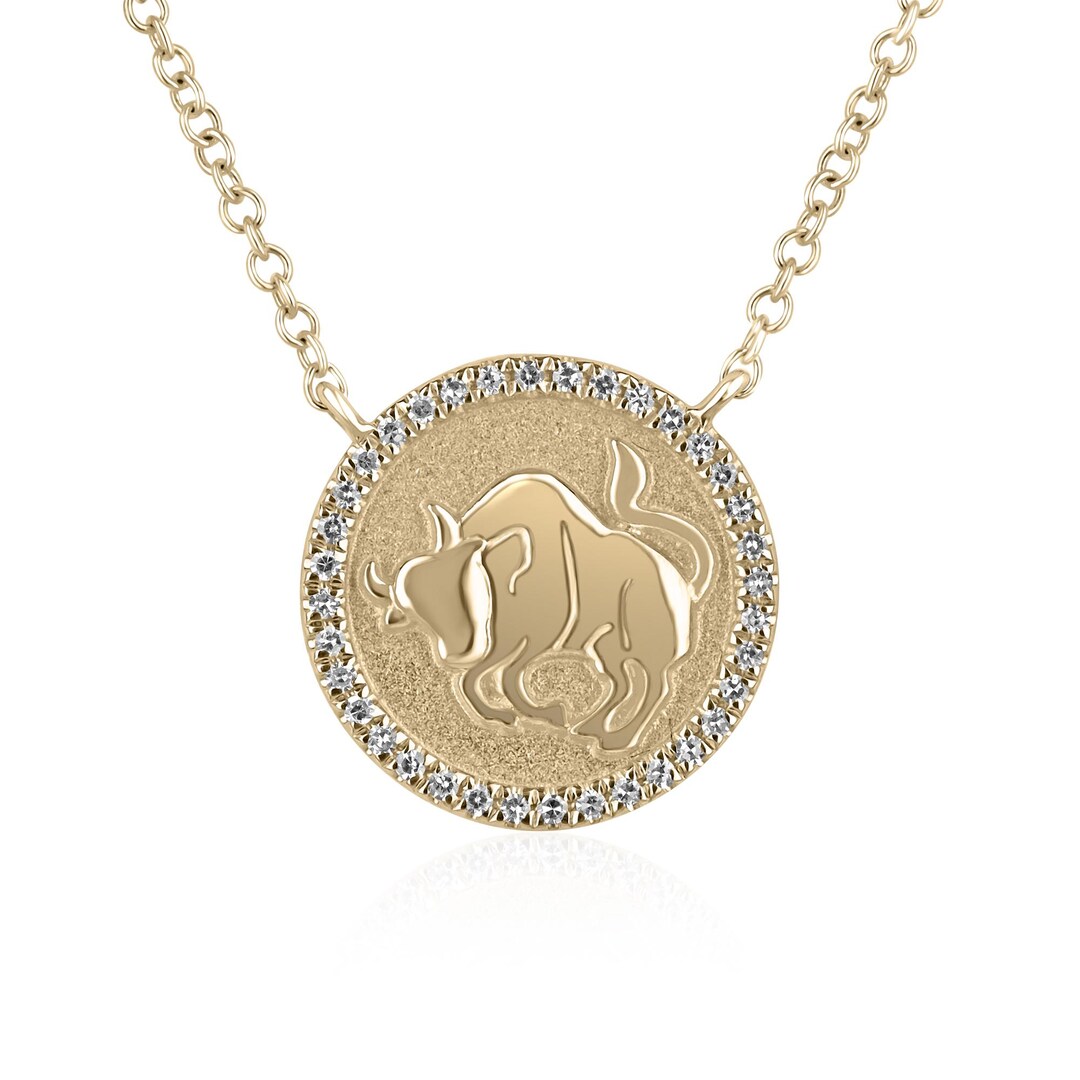 14K Taurus Zodiac Diamond Necklace, 14K Gold Taurus Medallion 3D Bull ...