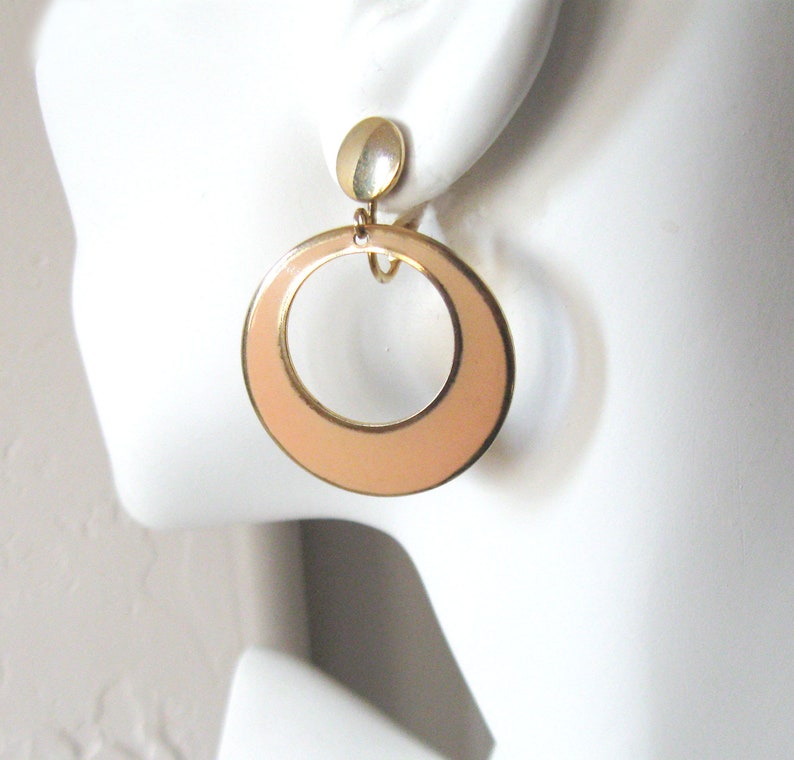 Peach Enamel Hoops, Gold Tone Clip on Earrings, Vintage Large Hoop ...