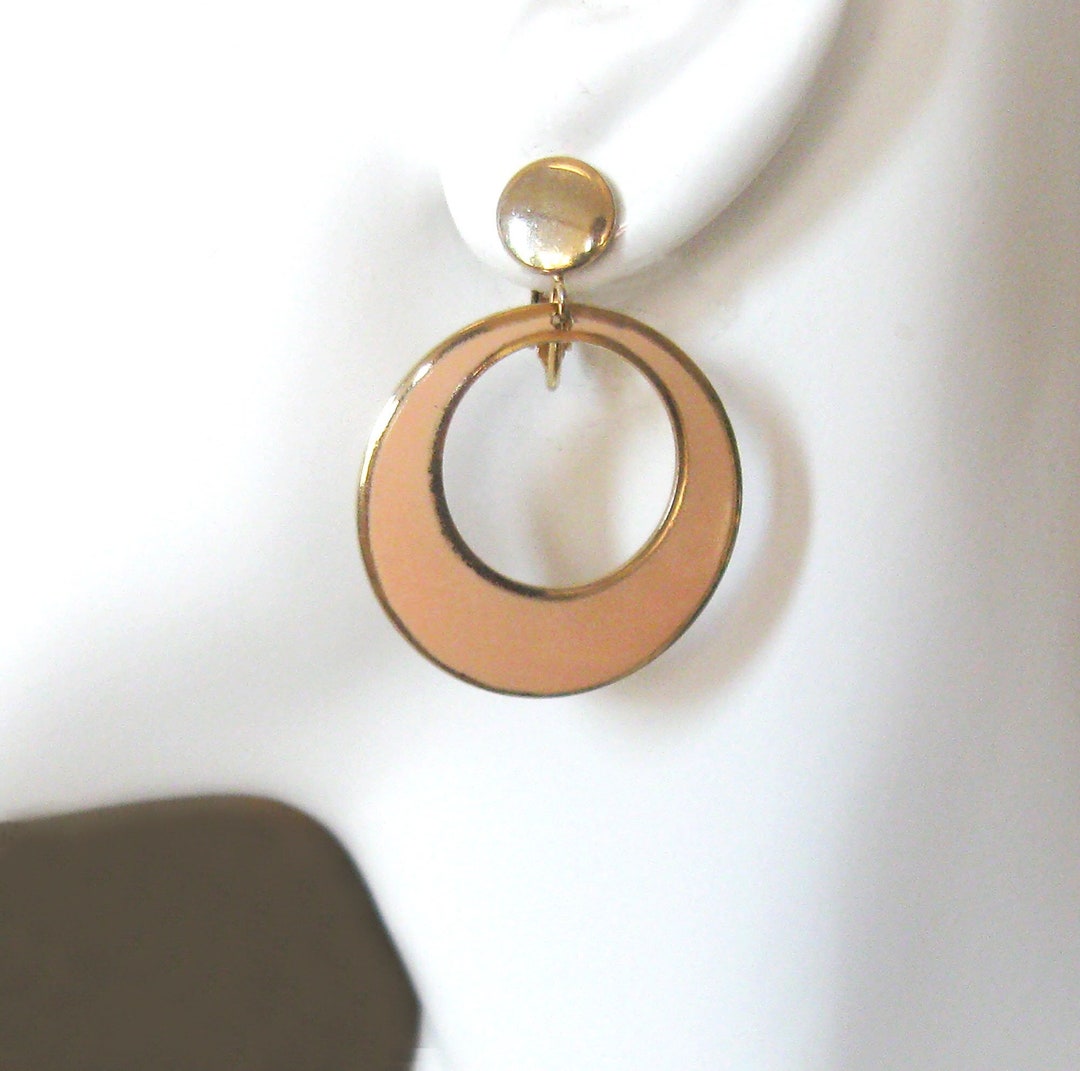 Peach Enamel Hoops, Gold Tone Clip on Earrings, Vintage Large Hoop ...