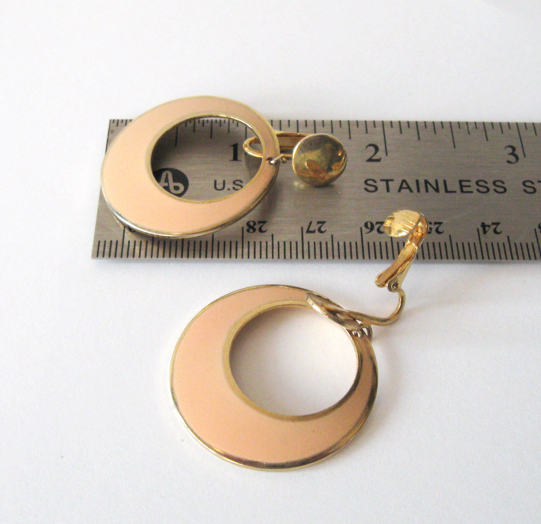 Peach Enamel Hoops, Gold Tone Clip on Earrings, Vintage Large Hoop ...