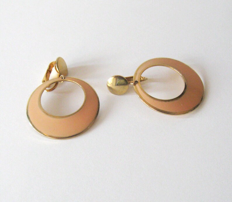 Peach Enamel Hoops, Gold Tone Clip on Earrings, Vintage Large Hoop ...