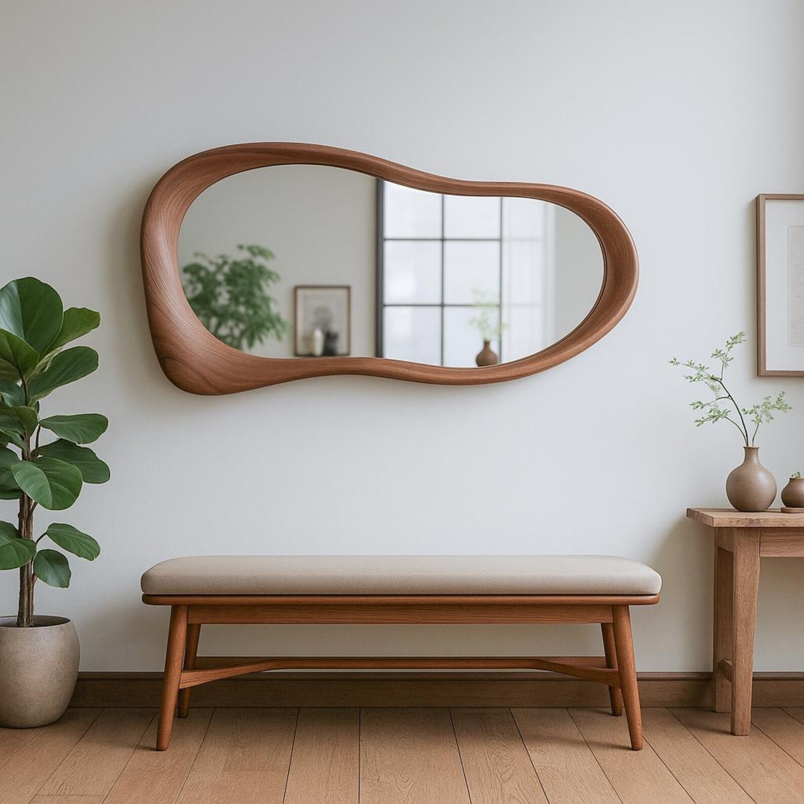 Asymmetrical Walnut Wood Wall Mirror: Modern Organic Art Decor - Etsy