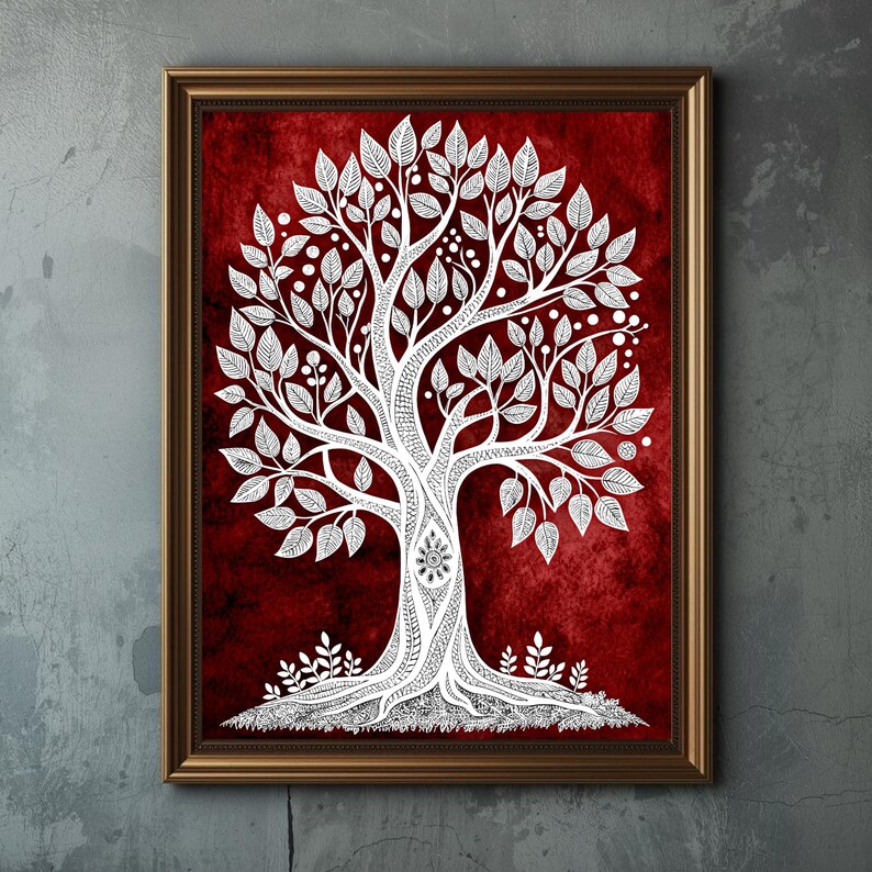 Madhubani Print, Tree of Life, Red Wall Art, Indian Folk Painting, Boho ...