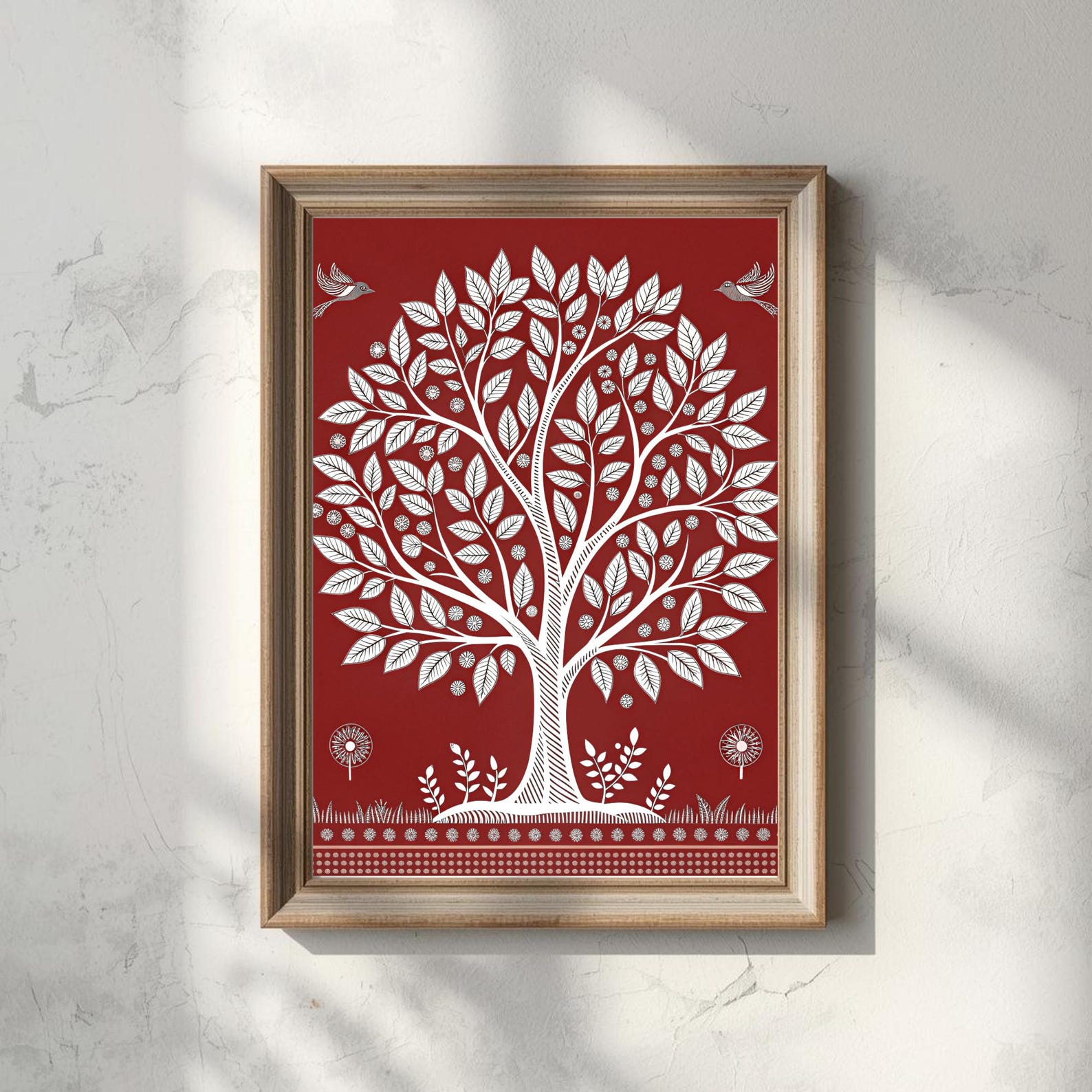 Madhubani Wall Art, Tree of Life, White Tree on Red Background, Indian ...