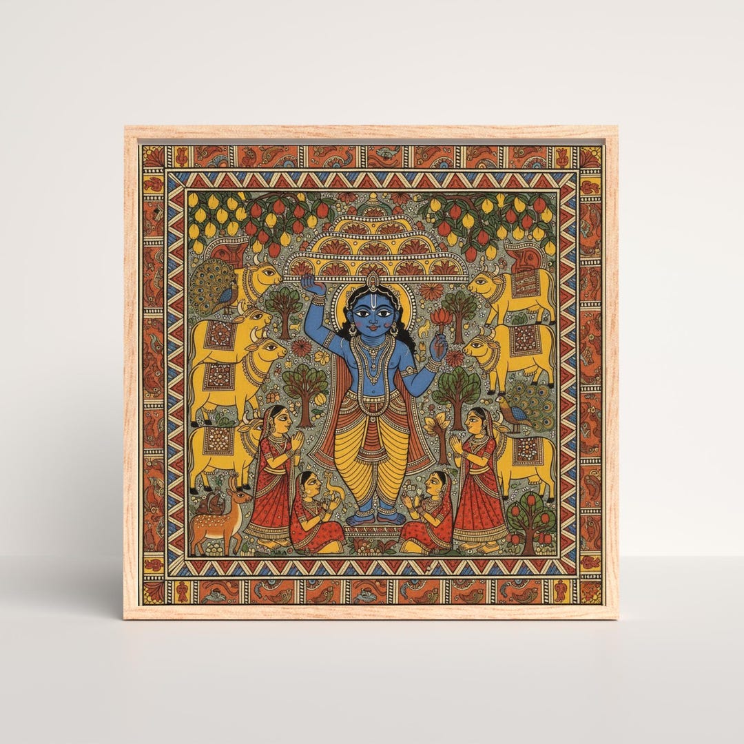 Madhubani Krishna Govardhan Leela Print, Hindu God, Spiritual Wall Art ...