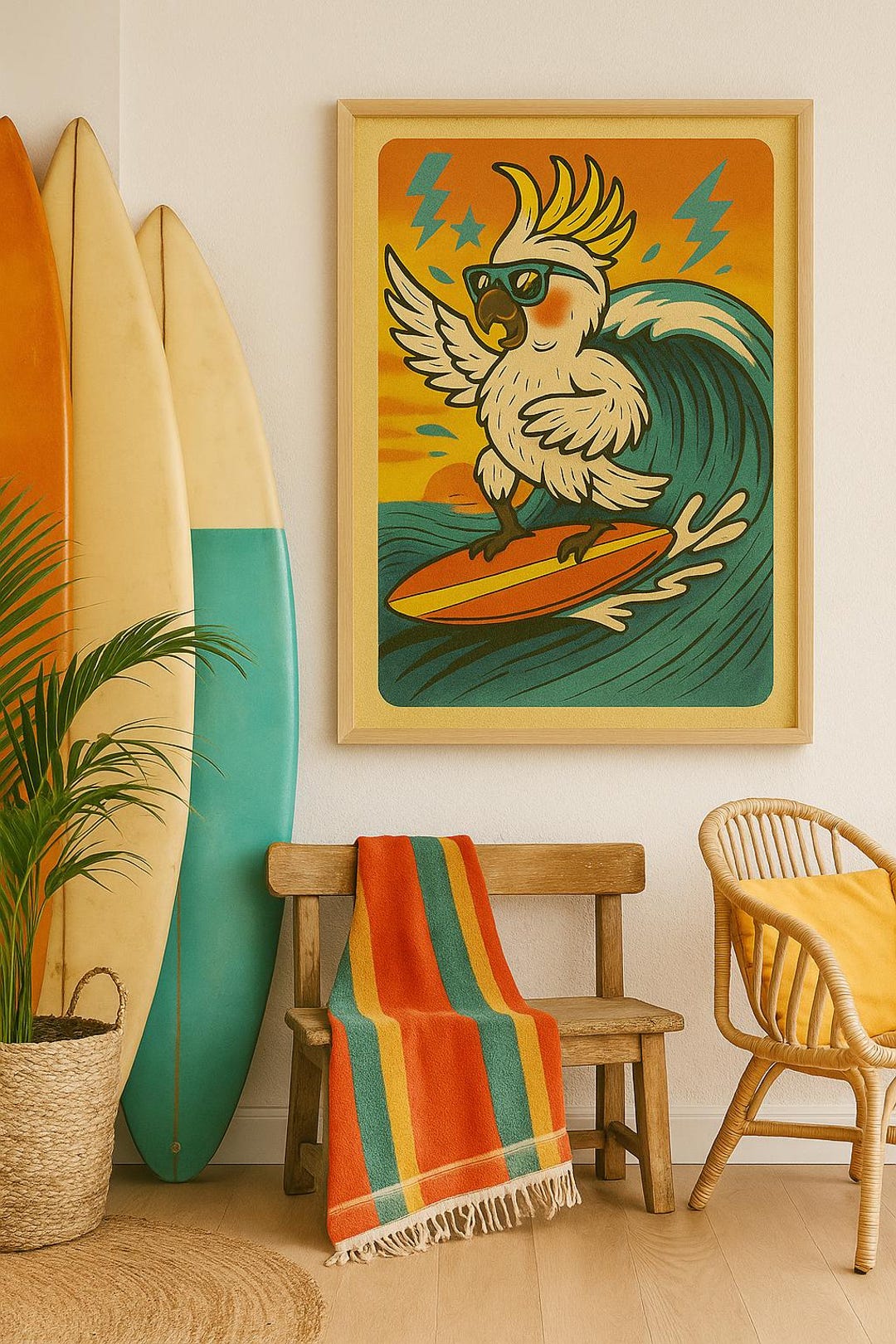 Surfing Cockatoo Wall Art – Retro Aussie Animal Printable, Digital ...
