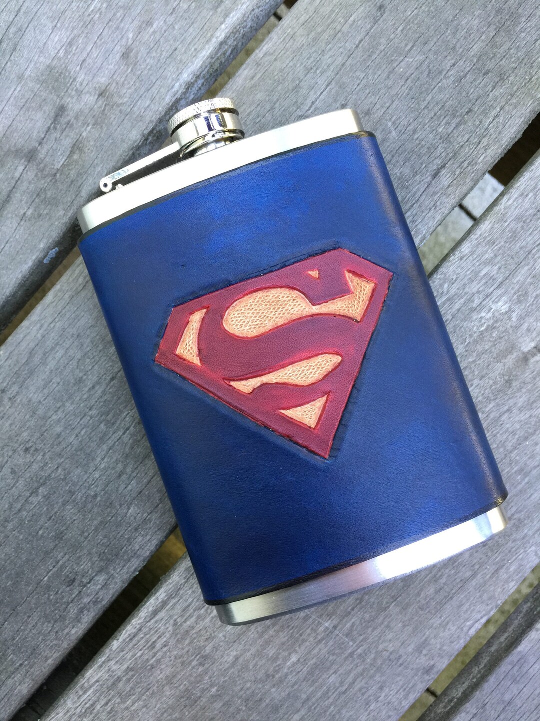 Superman Flask Leather Flask Hand Tooled Super Hero Blue Gift for Dad ...