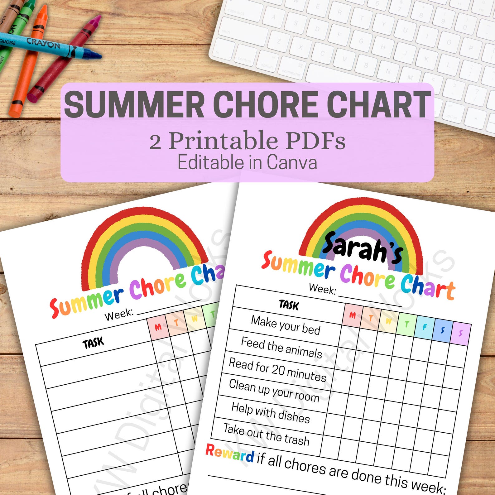 Rainbow Summer Chore Chart for Kids: Editable, Printable Weekly Task ...
