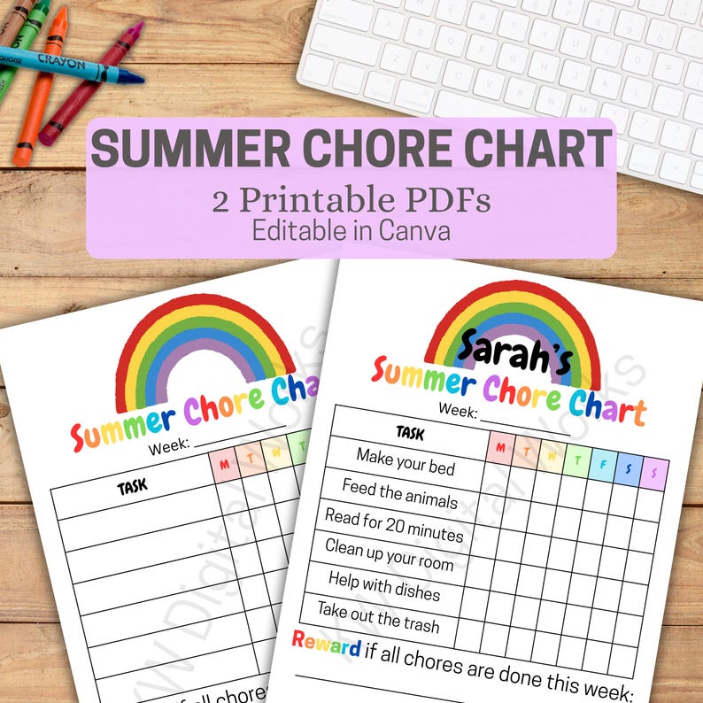 Editable Summer Chore Chart for Kids | Printable Rainbow Task Tracker ...