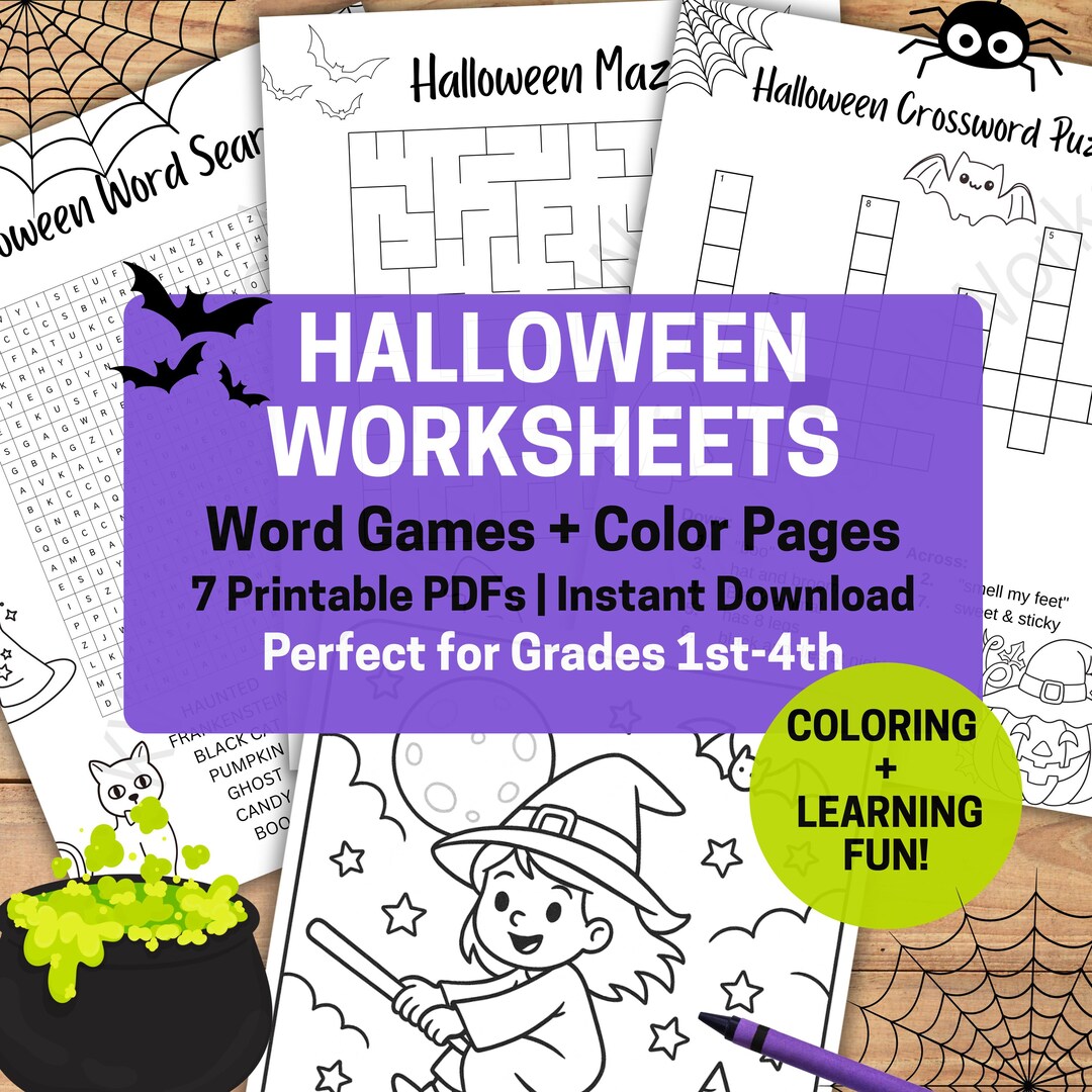 Halloween Puzzle & Coloring Pack: Grades 1-4 (printable PDF Worksheets ...