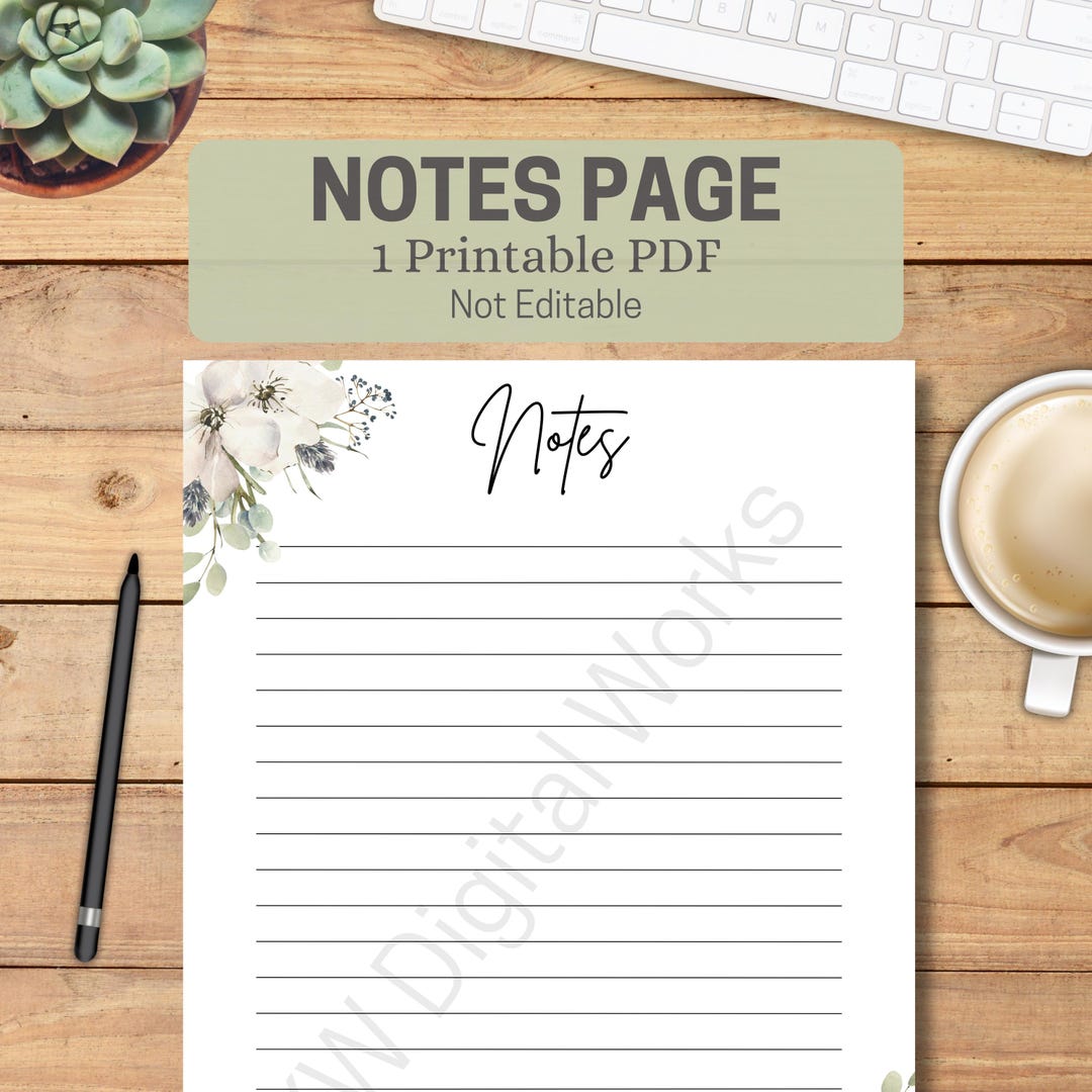 Floral Notes Page Printable | White and Green Minimalist Neutral Design ...