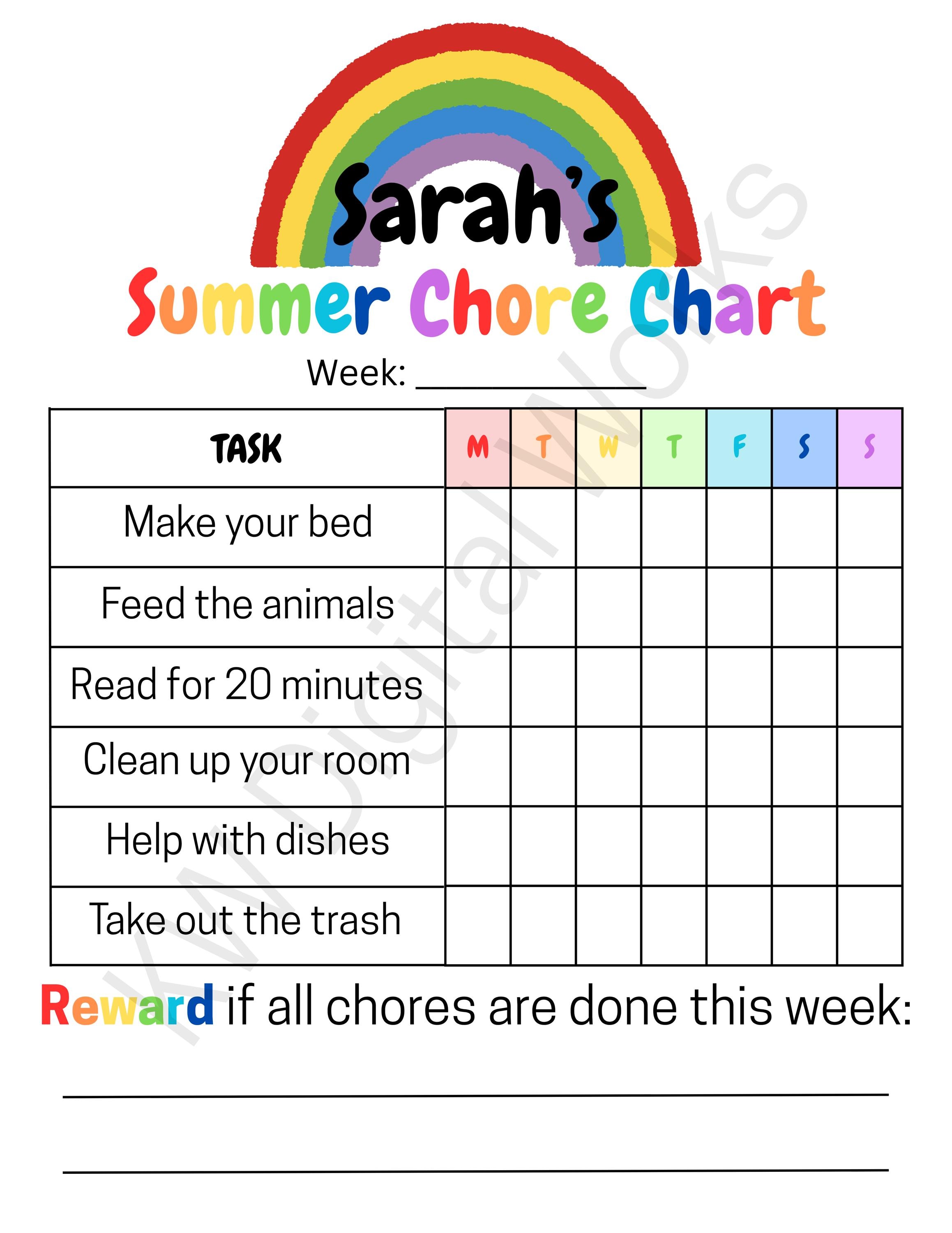 Editable Summer Chore Chart for Kids | Printable Rainbow Task Tracker ...