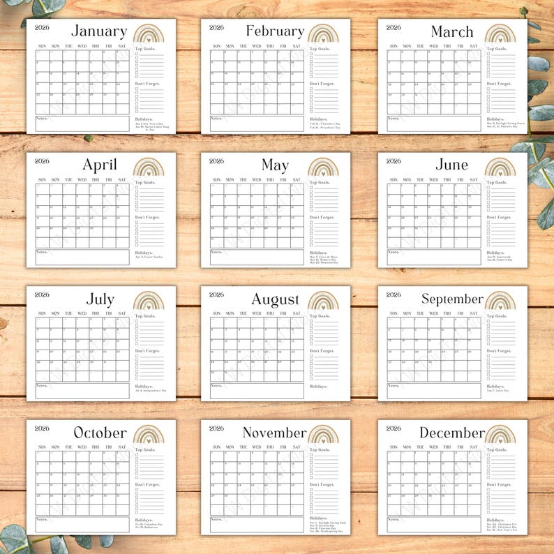 2026 Calendar With Federal Holidays | 12 Month Boho Rainbow Printable ...