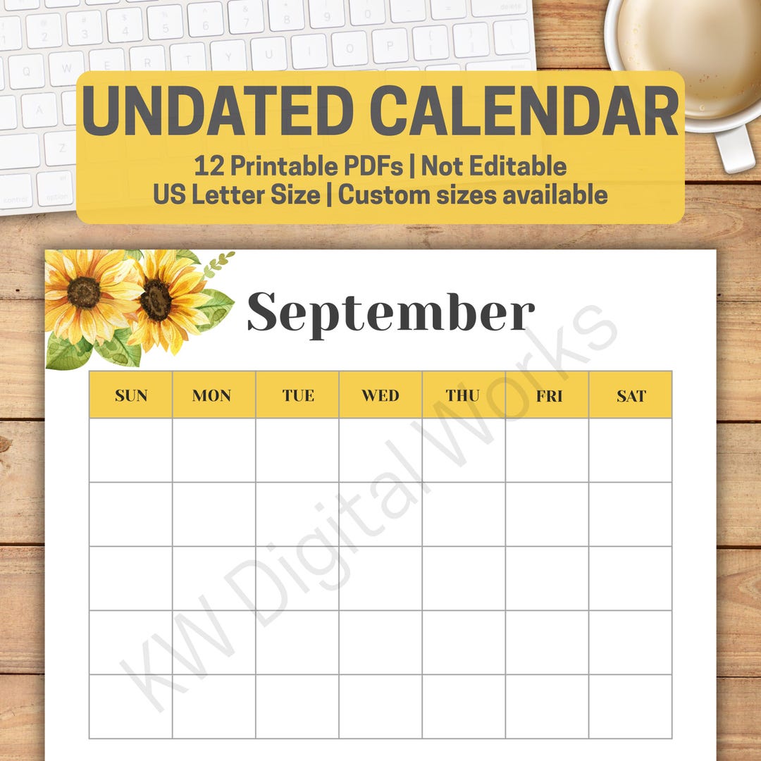 Sunflower Monthly Calendar Printable: Fall Floral Planner (US Letter ...